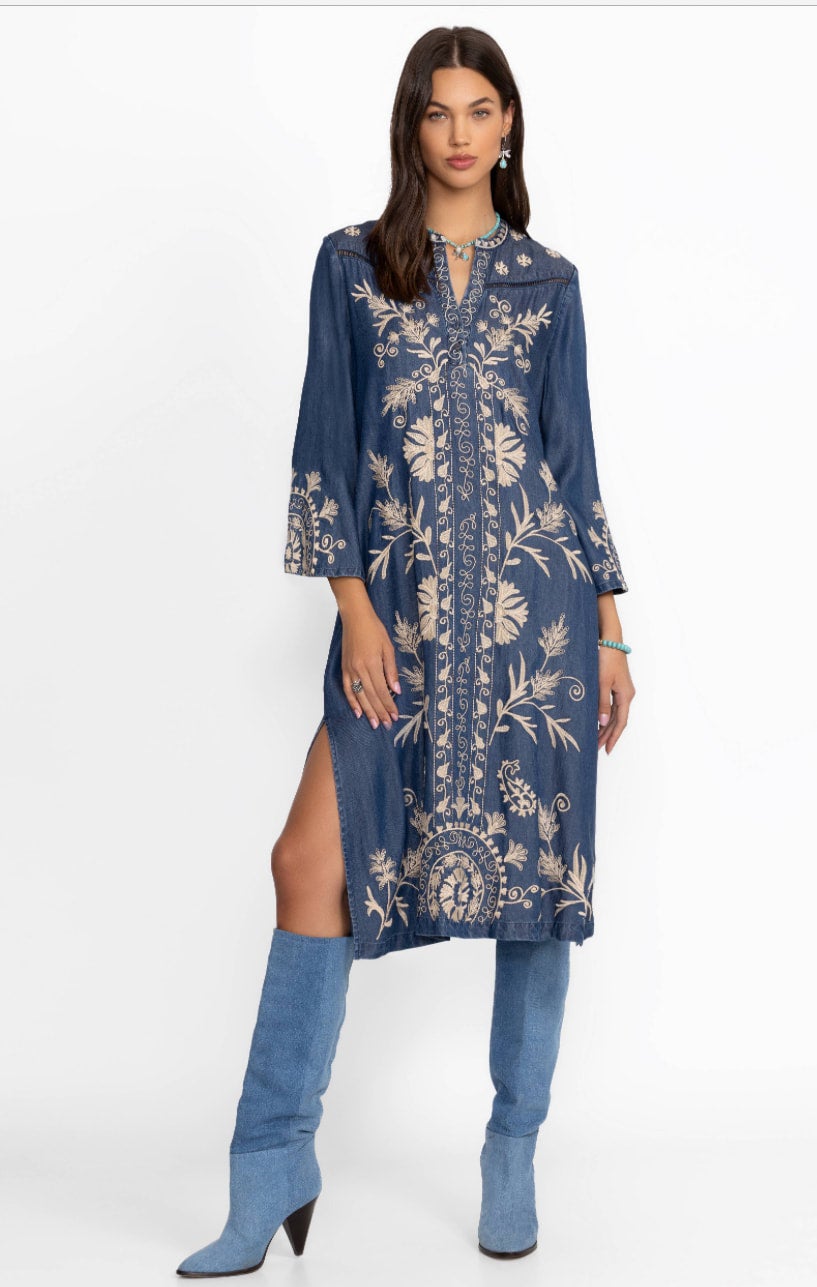 Johnny Was Western Trim Henley Dress-Allison, Denim Blue | The Gift Solution